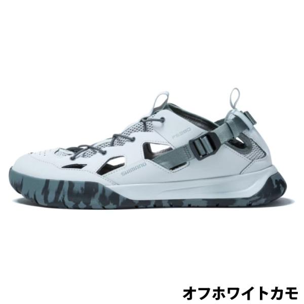 シマノ  ●カラー:オフホワイトカモ ●サイズ:26.0cm ●サイズ（詳細）1:※参考重量 323g(26cm)|暑い季節でも集中して釣りに挑みたいオフショアアングラーに向けたサンダル。独自配合ラバーと広い接地面で優れたグリップ力を発揮し...