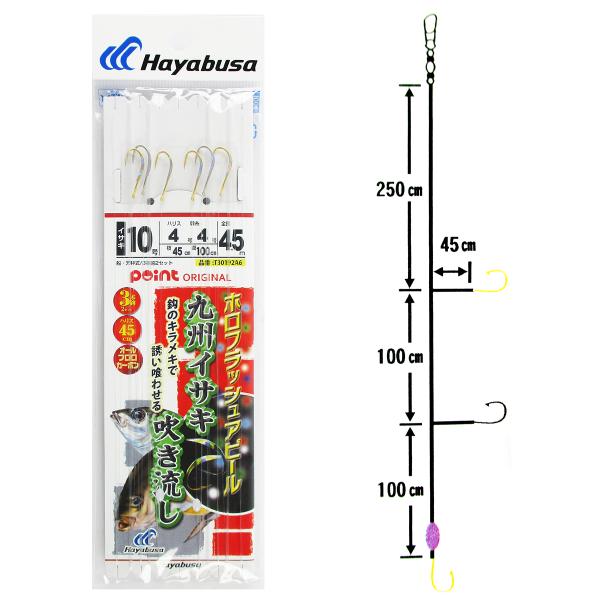 ●使用針:イサキ ●針号数:10号 ●入数:3本鈎2セット ●全長（針・仕掛）:4.5m ●ハリス号数:4号 ●幹糸号数:4号 ●エダス長さ:45cm ●幹糸間:100cm ●素材:オールフロロカーボン ●釣り方、フィールド:船釣り（浅場）...