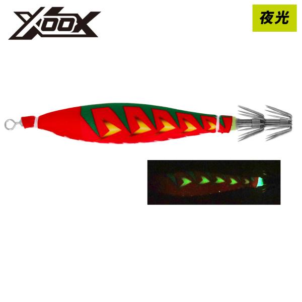 XOOX  ・糸よれを防ぐローリングスイベルを採用 ・生命感のある特選布! ・集魚力を高める夜光ゴム ・ハリがかりの良さを追求した傘針 ・魅惑の輝きでイカを誘うケイムラ留め ●カラー:赤ピンク杉 ●サイズ:4号 ●入数:2本 ●ブランド:X...