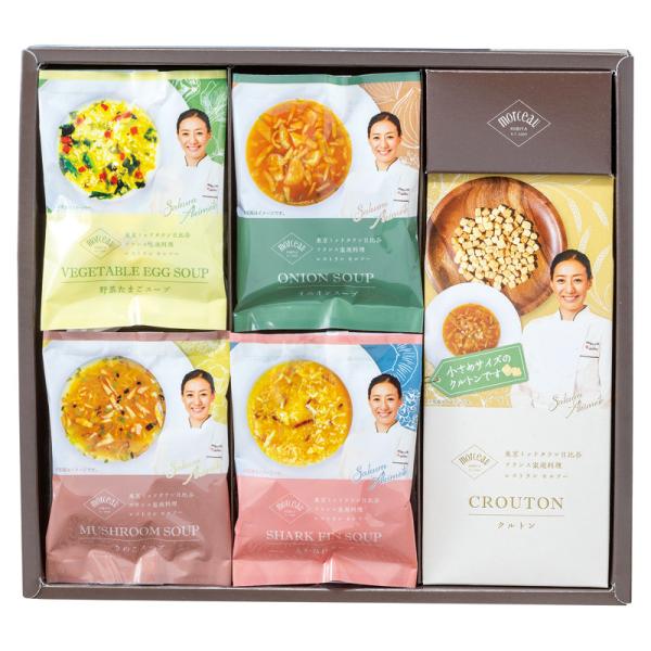 フランス家庭料理レストランmorceau 秋元さくら監修のフリーズドライスープギフト。豊かな4種のスープとクルトンのギフトセットです。【セット内容】野菜たまごスープ・きのこスープ・ふかひれスープ・オニオンスープ・クルトン（5g×2袋）×各1...