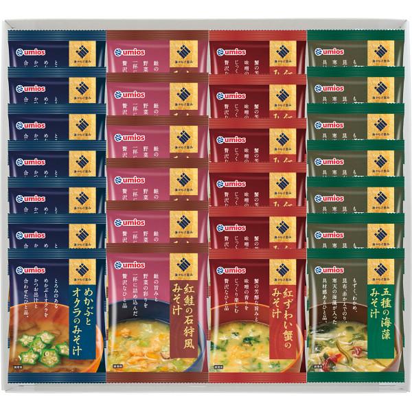お湯をそそぐだけで、選び抜かれた具材が踊る。心温まる至福のひととき。Ｕｍｉｏｓ（ウミオス）ならではの海鮮具材や香り立つ出汁の風味を味わえる具だくさんのフリーズドライギフトです。【商品内容】紅鮭の石狩風みそ汁×６、紅ずわい蟹のみそ汁×６、めか...