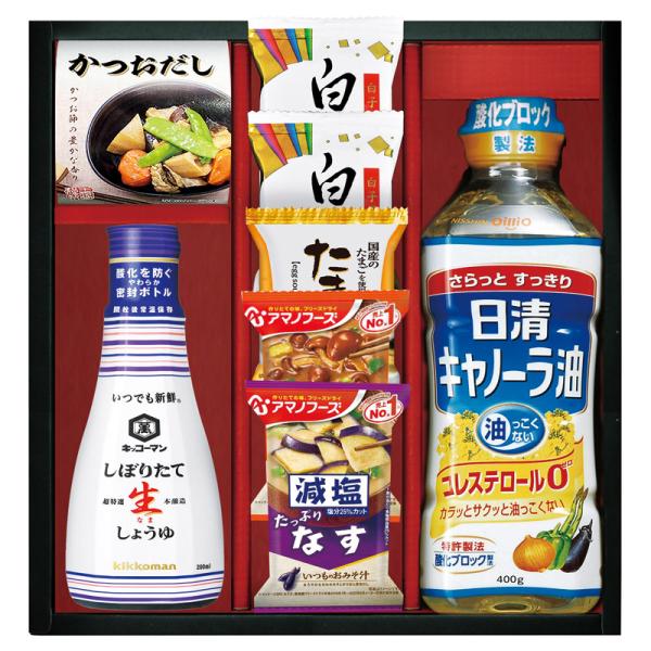 【セット内容】白子のり味のり（8切5枚）×2、日清キャノーラ油ペット（400g）・キッコーマンしぼりたて生しょうゆ（200ml）・アマノフーズ減塩いつものおみそ汁（なす）（9g）・アマノフーズ減塩いつものおみそ汁（なめこ）（8g）・たまごス...