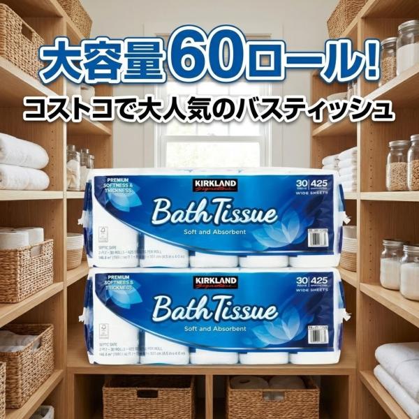 コストコで大人気の定番商品「カークランドシグネチャー バスティッシュ」のお得な60ロールセットです。【ふかふかの高品質】肌にやさしく、しっかりとした厚みが特徴の高品質トイレットペーパーです。2枚重ね(ダブルレイヤー)で吸水性にも優れており、...