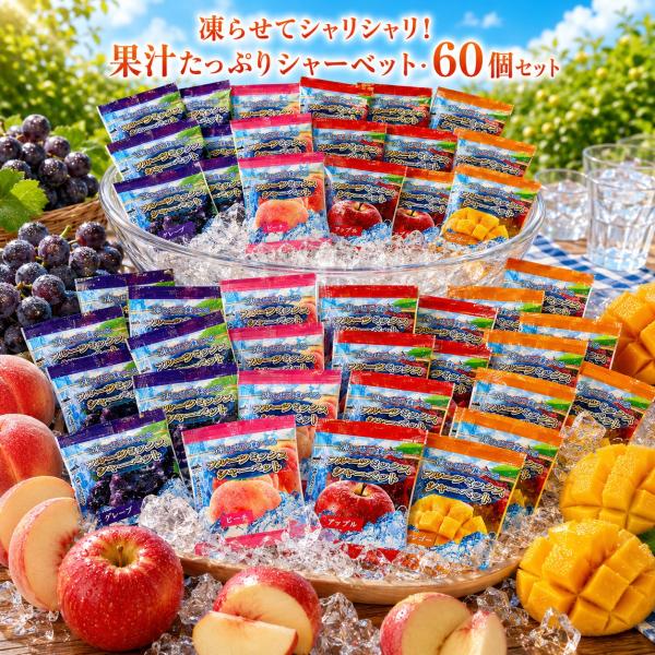 【凍らせて食べるシャリシャリ食感！フルーツミックス シャーベット】コストコで大人気の、凍らせて食べるジューシーなシャーベットをお求めやすい「60個」のセットからご用意しました。■ 毎日食べても飽きない！3つの魅力1. 果汁20％以上のたっぷ...