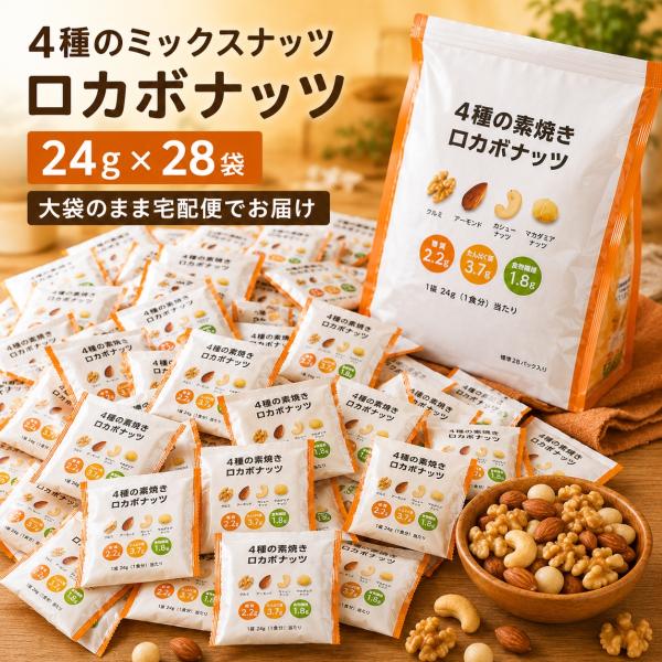 クルミ、アーモンド、カシューナッツ、マカダミアナッツの4種類をバランス良くミックスした「4種の素焼きロカボナッツ」です。1袋24gの食べきりサイズで、持ち運びや保存にも便利な個包装タイプ。おやつやおつまみに、必要な分だけ手軽に楽しめます。ロ...