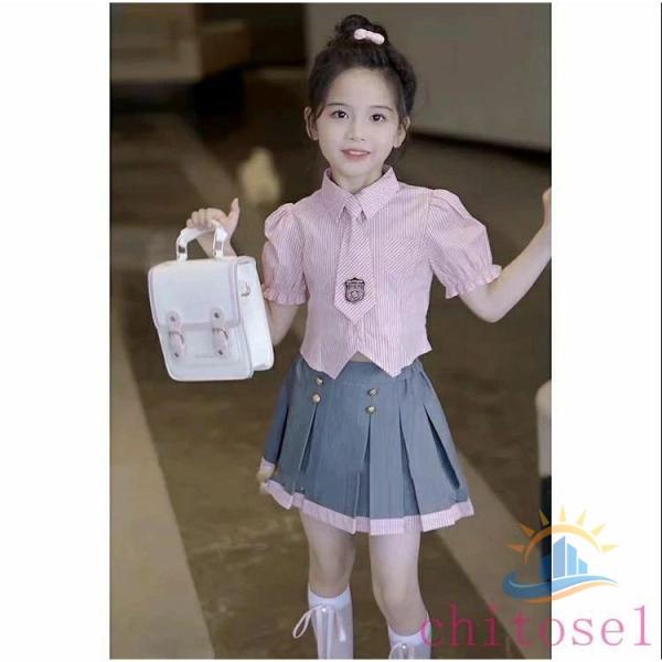 JK風 制服セット シャツ＋スカート＋ネクタイ付き 女子高生風 コスプレ 可愛い 学生服 上下セット 通学風 ピンク 可愛い 夏服 上下2点セット