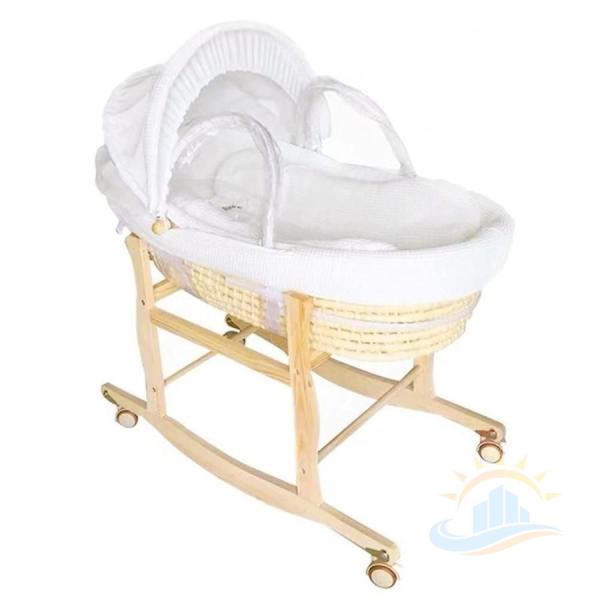 【製品仕様】重量/約7kg 荷重/約25Kg サイズ/上の図に示す【材質】トウモロコシ皮、小麦茎 、山草【セット内容・付属品】 前掛け、布団、海綿敷、日遮る棚、枕、蚊帳、木製クレードルボトムサポート、ホイール【配件材質】バスケット：トウモロ...