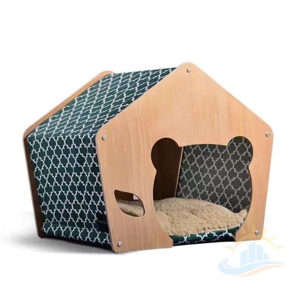 組み立て式 ペットベッド ベッドハウス クッション付き ドッグ キャット ティピーテント 室内用 小型犬 猫 犬小屋 ドットハウス 北欧 シンプル かわいい 木 内部サイズ：60ｘ47ｘ50cm外部サイズ：50ｘ45ｘ49cmドアサイズ：3...