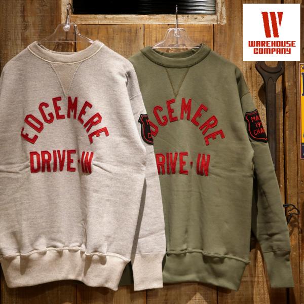 ＜フェルトアップリケの特別感＞ウエアハウスの両VセットインスリーブスウェットLot401は、4本針による縫製とバインダー仕様のウエストリブが特徴のモデル。こちらはフロントの「EDGEMERE DRIVE-IN」のフェルトアップリケに、左袖に...