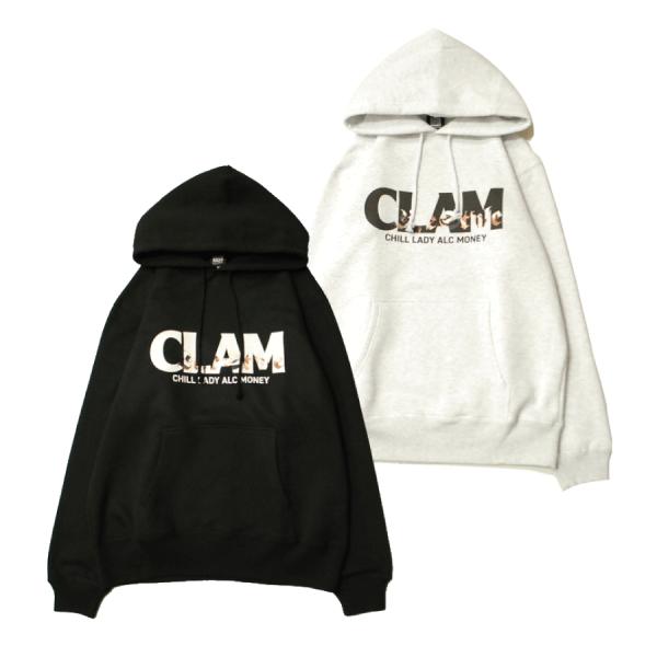 「CLAM」ロゴにLIFESTYLEスクリプトロゴとセクシーな女性を落とし込んだデザインがプリントされたお洒落な裏起毛のふんわり暖かボディーを使用したフードパーカー。■カラー ASH/アッシュBLACK/ブラック
