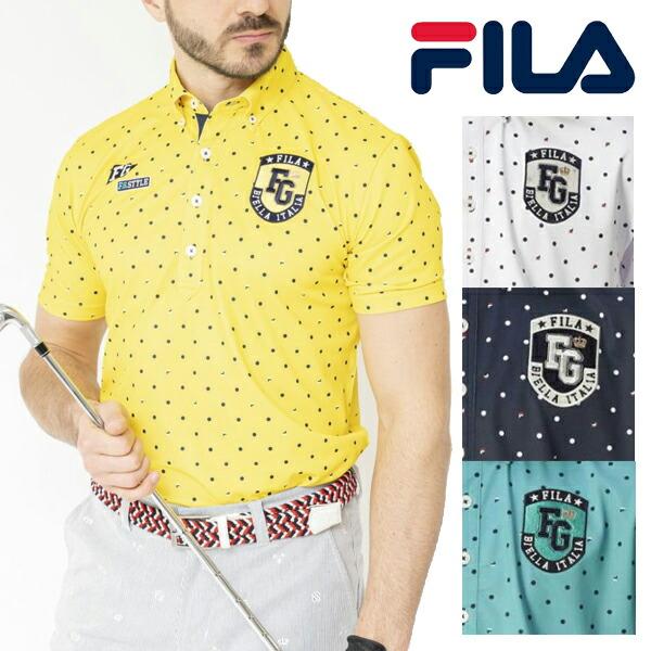 FILA GOLF/フィラゴルフドット柄プリントとFロゴのMIXモチーフのシャツデザイン。シンプルで着やすいイメージにしています。ひやっ！と涼しい接触冷感機能付き。下前立てを配色にしてアクセントを付けています。ポリエステル100%