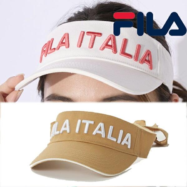 FILA GOLF/フィラゴルフ後ろのリボンがポイントになった、無地のツイル素材サンバイザー。汗やファンデーションがついても、取り外して洗える吸汗速乾素材のテープライナー付き。【本体】綿：100%【刺繍糸】ポリエステル：100%頭周り　56cm