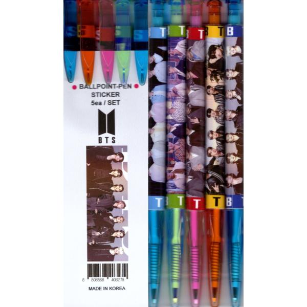 防弾少年団 BTS バンタン グッズ 【 ボールペン 5本セット 】+ ステッカーBTS  最新 画像 グッズ トレカ クッション マグカップ カレンダー 写真集 ポスター 福袋 単語カード ポストカード ステッカー セット フォトメッセー...