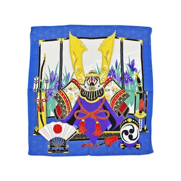 ●サイズ:48×48cm●素材:ちりめん●生地：薄め 柔らかい●ラッピング：和風or洋風●配送：4個までメール便配送　　　　上記以上は宅配便配送鮮やかな青を基調に、堂々とした兜飾りを描いた端午の節句の一枚。凛とした佇まいが空間を引き締め、男...