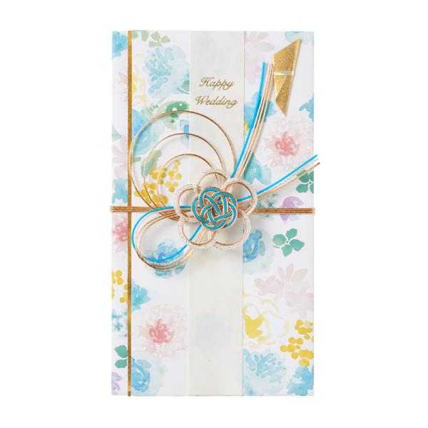 水彩タッチの花柄を全面にプリントした、年齢を問わず使えるデザインの祝儀袋。花をモチーフにした女性らしくて華やかな水引を使用しています。-----------------------------------------------------...