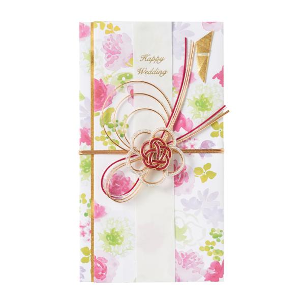 水彩タッチの花柄を全面にプリントした、年齢を問わず使えるデザインの祝儀袋。花をモチーフにした女性らしくて華やかな水引を使用しています。-----------------------------------------------------...