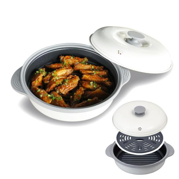 ・ふっ素樹脂加工により、焦げ付きにくくお手入れも簡単・軽量720g＆取っ手付きで持ち運びもラクラク・火を使わず、電子レンジで焼き目が付けられる革新的調理器・料理初心者でも安心！70レシピ付きで幅広いメニューに対応-仕様-・サイズ：W275×...