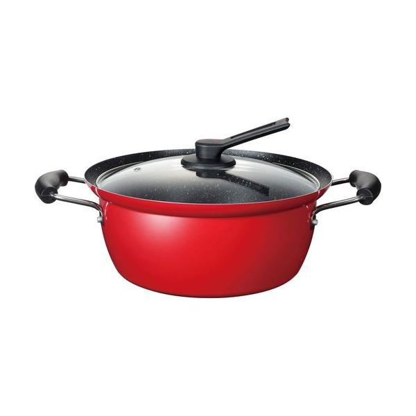 にこみーなＩＨ対応フチ付両手鍋２６  R(ASC) ●蓋は立てて置くことができます●蓋をひっくり返して重ねて収納できます●しっかり握りやすい持ち手ですカラー レッドJANコード 4903779116988サイズ (約)幅41.6×奥行39×...