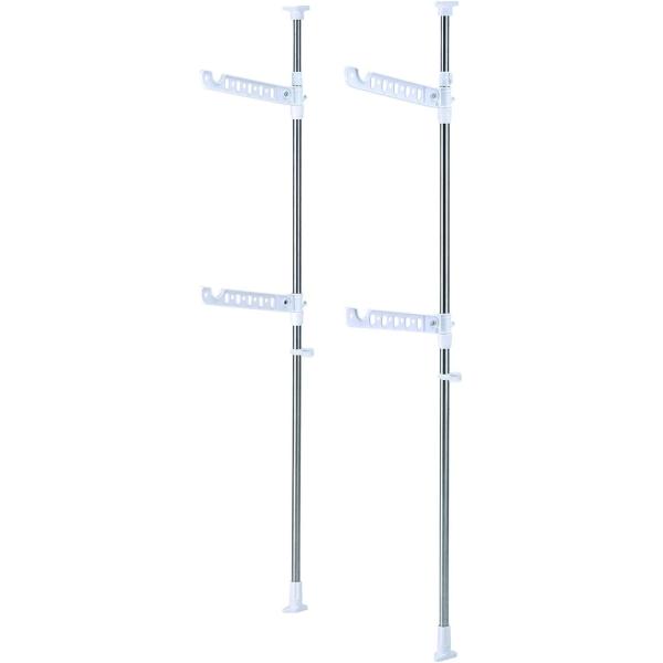 ●室内干しに便利なつっぱり式の物干しスタンドです。支柱は約201~300cmの間で伸縮出来ます。高い天井でもしっかり設置出来ます。竿受け部分はやや凹みのある形状をしています。この凹みがあることで、竿を安定して置くことが出来ます。竿受けの位置...