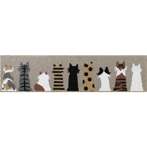mysa　キッチンマット45×180cm　キャット■毎日のお料理を楽しくする、ネコ柄キッチンマットです。■サラッとした肌触りで、季節を問わずお使いいただけます。■フラットなループパイルなので掃除機がかけやすく、お手入れも楽々です。■キッチン...