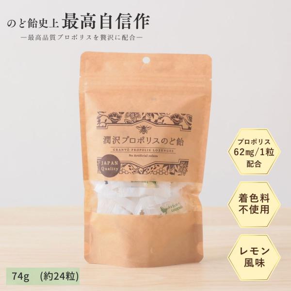 ■商品情報■潤沢プロポリスのど飴 74g / プロポリスエキス含有食品（飴菓子）定価（税抜き）1,200円最高級ブラジル産エクストラグリーンプロポリスを1粒あたり62mgと贅沢に配合。1日1粒習慣で、毎日を健やかに。ピリピリした食感は本物だ...