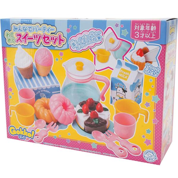 美味しそうなケーキーやドーナツがいっぱい！楽しくスイーツパーティしようね♪かわいいスイーツと食器がセットになったおままごとセットです。生クリームたっぷりのイチゴが乗ったケーキ。甘いチョコクリームのいちごが乗ったケーキ。カップケーキ。ふんわり...