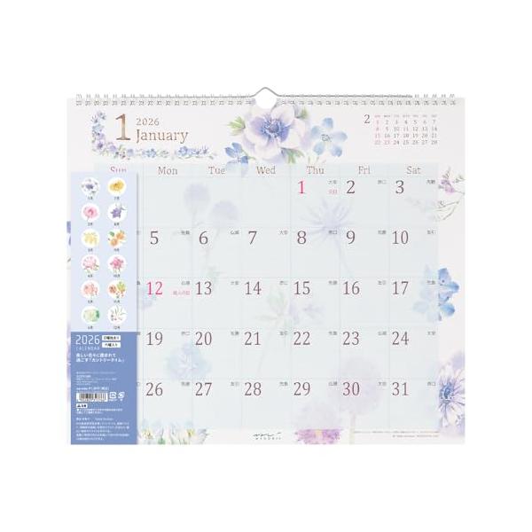 カントリータイム花柄/-/31376006・Color:カントリータイム花柄・パッケージ個数:1・繊細な花のイラストが美しいカレンダー・掲載期間2026年1月〜2026年12月・始まり曜日日曜日・パッケージサイズH340×W390×D10m...