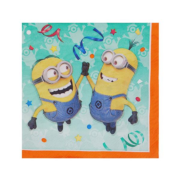 ミニオンのペーパーナプキンです。一枚お皿にを敷くだけで、一気にパーティー感が増します♪アメリカから輸入のパーティーサプライ。カラフルでかわいいです。サイズ：13 in.×13 in. ( 約33×33cm )入数：16枚MADE IN US...
