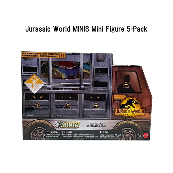 ジュラシックワールドの車型ボックス入りミニフィギュアセットです。ミニ恐竜のフィギュア4体と、人間フィギュア1体入り。アメリカからの輸入品です。■パッケージサイズ：約H15×W23×D4cm■対象年齢めやす：3＋