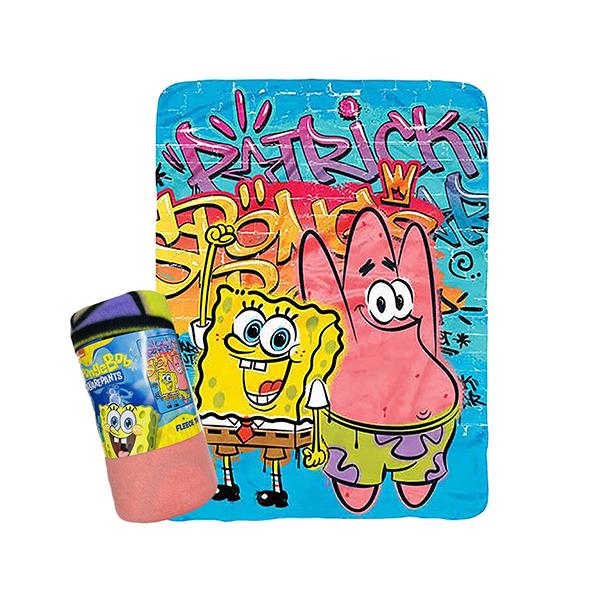 アメリカからの輸入品☆スポンジボブのフリースブランケットです。ストリート調のポップなボブの絵柄がかわいいです。薄手で軽くてあたたかい！使いやすいブランケットです。大きめなので、お子様の毛布としても♪お昼寝などにもおすすめですよ☆夏場のクーラ...