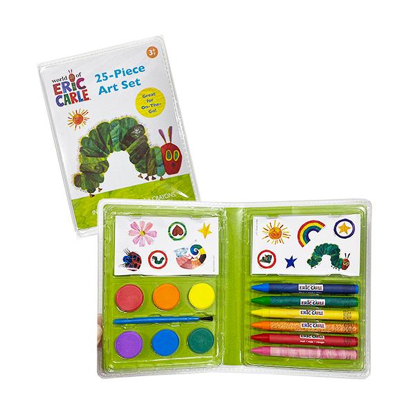 はらぺこあおむしのミニアートセットです。ステッカー、固形絵の具、筆、クレヨンのセット。持ち運びにも便利なミニタイプ♪ぬり絵などと併せてお楽しみください。■サイズ：約H15×W11×D2cm■セット内容：固形絵の具6色、筆1本、クレヨン6色、...