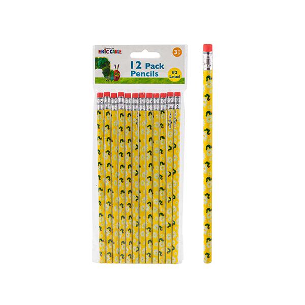 はらぺこあおむしのえんぴつ 12本セットです。トップに消しゴム付きの丸型鉛筆。お花とあおむしがかわいいデザインです。アメリカからの輸入品です。■パッケージサイズ：約W105×H245×D8（mm）■1本あたりサイズ：約φ7×H190（mm）...