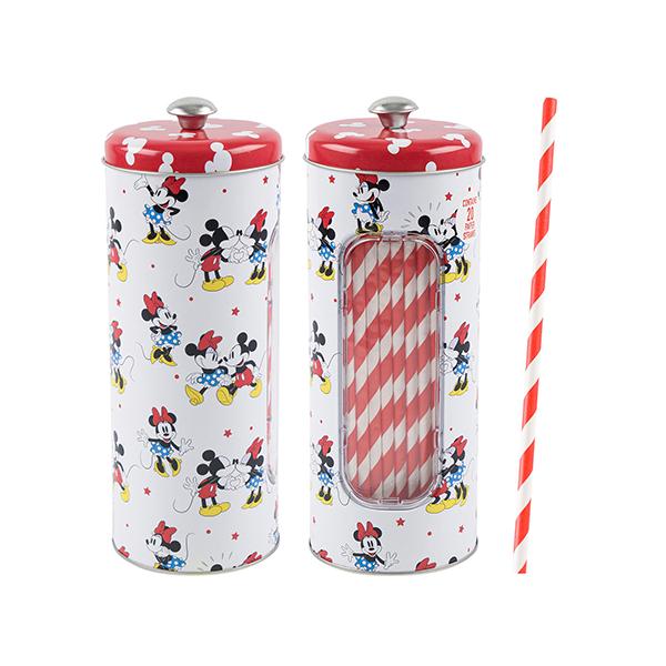 ミッキー＆ミニーの円筒型キャニスターです。USAから輸入のthe tin box company社製。紙ストロー入り。ブリキ缶のかわいいキャニスター。キッチンや、お部屋で小物やお菓子などをかわいく収納できそうです♪●サイズ：約H23x 直径...