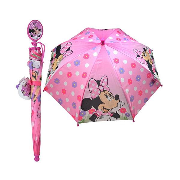 アメリカからの輸入品☆ミニーちゃんのキッズ用雨傘です。ドット＆フラワー柄がミニーらしくてかわいいです♪軽量でお子様のはじめての傘にちょうど良いサイズですよ。・親骨の長さ：約40cm・全長：約52.5cm・広げた状態：約直径68cm・素材：ナ...