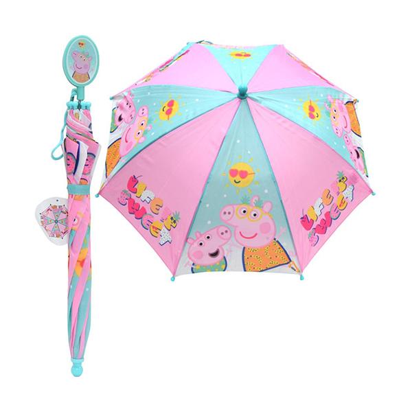 アメリカからの輸入品☆ペッパピッグの幼児用長傘です。雨の日も楽しくなりそうな絵柄ですよ☆お子様のはじめての傘にちょうど良いサイズです。・親骨の長さ：約40cm (参考年齢3~4歳、身長95~105cm)・全長：約52cm・広げた状態：約直径...