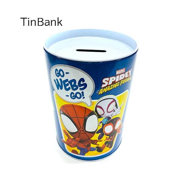 スパイディー の貯金箱です。アメリカから輸入のブリキの貯金箱。上蓋を外して中身を取り出せます。たくさん入るので500円玉貯金におすすめ。●サイズ：6"x4" ( 約H15×W10×D10cm )●素材：ブリキ●Made in China※海...