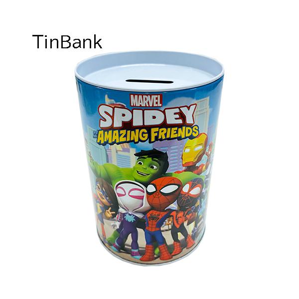 スパイディー の貯金箱です。アメリカから輸入のブリキの貯金箱。上蓋を外して中身を取り出せます。たくさん入るので500円玉貯金におすすめ。●サイズ：6"x4" ( 約H15×W10×D10cm )●素材：ブリキ●Made in China※海...