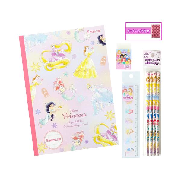 ディズニープリンセスの文具セットです。自分使いはもちろん、ギフトにもおすすめの文具セットです。ギフトバッグがついているので、セルフラッピングをしてプレゼントにできます。＜セット内容＞●5mm方眼学習帳 × 1材質：紙本体寸法W178mm×H...