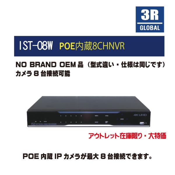 (1) PoE対応のネットワークカメラへの電源供給が可能。　 （IST-08W:7.5W/ch, IST-16W:8.2W/ch)(2) ネットワークカメラはVGAから4Kまで対応。(3) HDMI出力、4K出力が可能（max. 3840 ...