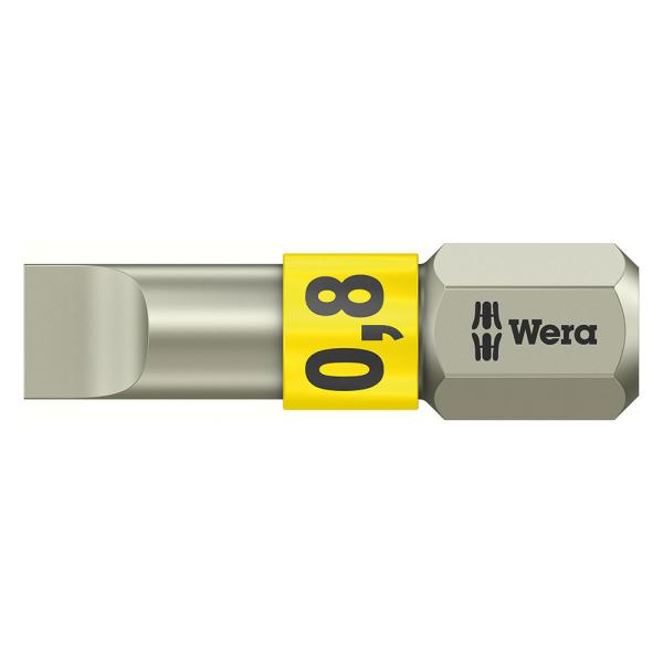 ■商品仕様メーカー：WERA商品名：ステンレスマイナスビットタイプ：ドライバービット型番：3800/1 TS先端サイズ：0.8ｘ5.5（刃厚ｘ刃幅）軸長：25ｍｍサイズ：25×7×6(mm)重さ：3g■特長・特殊なコーティングでもらい錆を限...