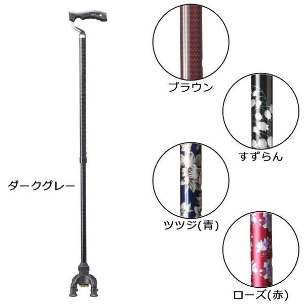 基盤がコンパクトで見た目は1本杖のような、前後可動・固定の切り替え可能な四点杖です。斜めに杖をついても前後に可動するので地面に密着しながら、より安定した歩行ができます。高さは65〜93cmの間で、12段階に調節できます。 サイズ 寸法:65...