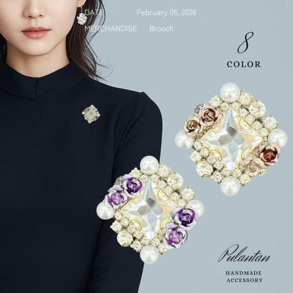 おしゃれでかわいいマグネットブローチ アレルギー対応A級ガラスビジューとワンポイントにバラを入れた上品なブローチ。どこにもないプランタンオリジナルのブローチだから被ることなくこれひとつで胸元が華やかになり目を惹くアイテム。卒業式やお呼ばれの...