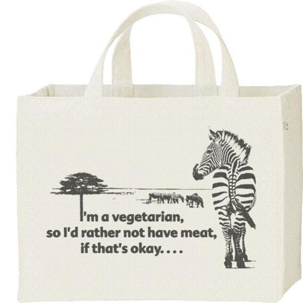 縞馬。＜ロゴ部分＞  I'm a vegetarian, so I'd rather not have meat, if that's okay. （私はベジタリアンなので、できれば肉は遠慮したい。）厚手のコットン（キャンパス地）素材の手提...