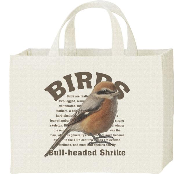 鳥類のシリーズです。百舌、鵙、伯労、Bull-headed shrike厚手のコットン（キャンパス地）素材の手提げBAGです。四角く角張ったデザインで、学校や職場で教科書や資料を入れるのにも適しています。(バック/トートバック/キャンパスバ...