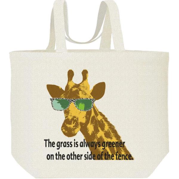 緑のサングラスで隣の芝生がより一層緑に見えている！？  ＜ロゴ部分＞ The grass is always greener on the other side of the fence.（隣の芝生は青い）厚手のコットン（キャンパス地）素材...