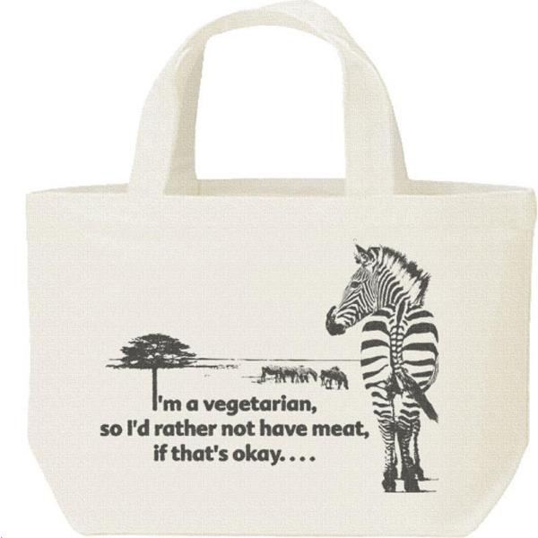 縞馬。＜ロゴ部分＞  I'm a vegetarian, so I'd rather not have meat, if that's okay. （私はベジタリアンなので、できれば肉は遠慮したい。）厚手のコットン（キャンパス地）素材の手提...