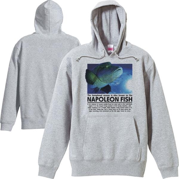 色：白、杢グレーサイズ：Ｓ、Ｍ、Ｌ、ＸＬ(２Ｌ) ※メンズ基準です。Humphead wrasse　メガネモチノウオ（通称：ナポレオンフィッシュ）裏パイル地のプルオーバーパーカー（中厚）です。
