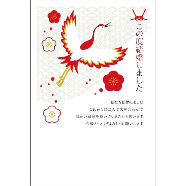 【発売日：2025年01月07日】結婚はがき 結婚ハガキ 結婚報告はがき 挨拶状 葉書 お祝い イラスト デザイン 可愛い かわいい オシャレ 紅白 和柄 和風 鶴 ツル 花 梅 シンプル かっこいい 白色 white 結婚しました