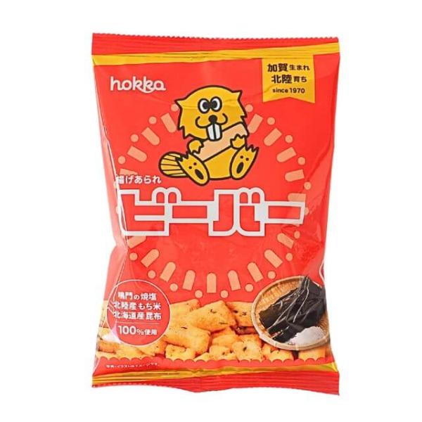北陸で愛され続けるソウルフード！サクサクの食感に、ほどよい塩気と昆布の旨みが効いています。鳴門の焼塩・北陸産もち米・北海道産昆布 100％使用。「ビーバー」という商品名は、お菓子を2つ並べたカタチが、1970年に開催された大阪万博のカナダ館...