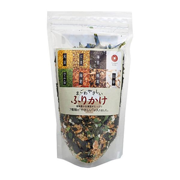 7種類の「まごわやさしい」が気軽に食べられるようにふりかけにしました。大豆フレーク(ま)、ごま(ご)、乾のり(わ)、乾燥ほうれん草(や)、乾えび(さ)、乾燥味付椎茸(し)、乾燥山芋(い)を組み合わせたふりかけです。